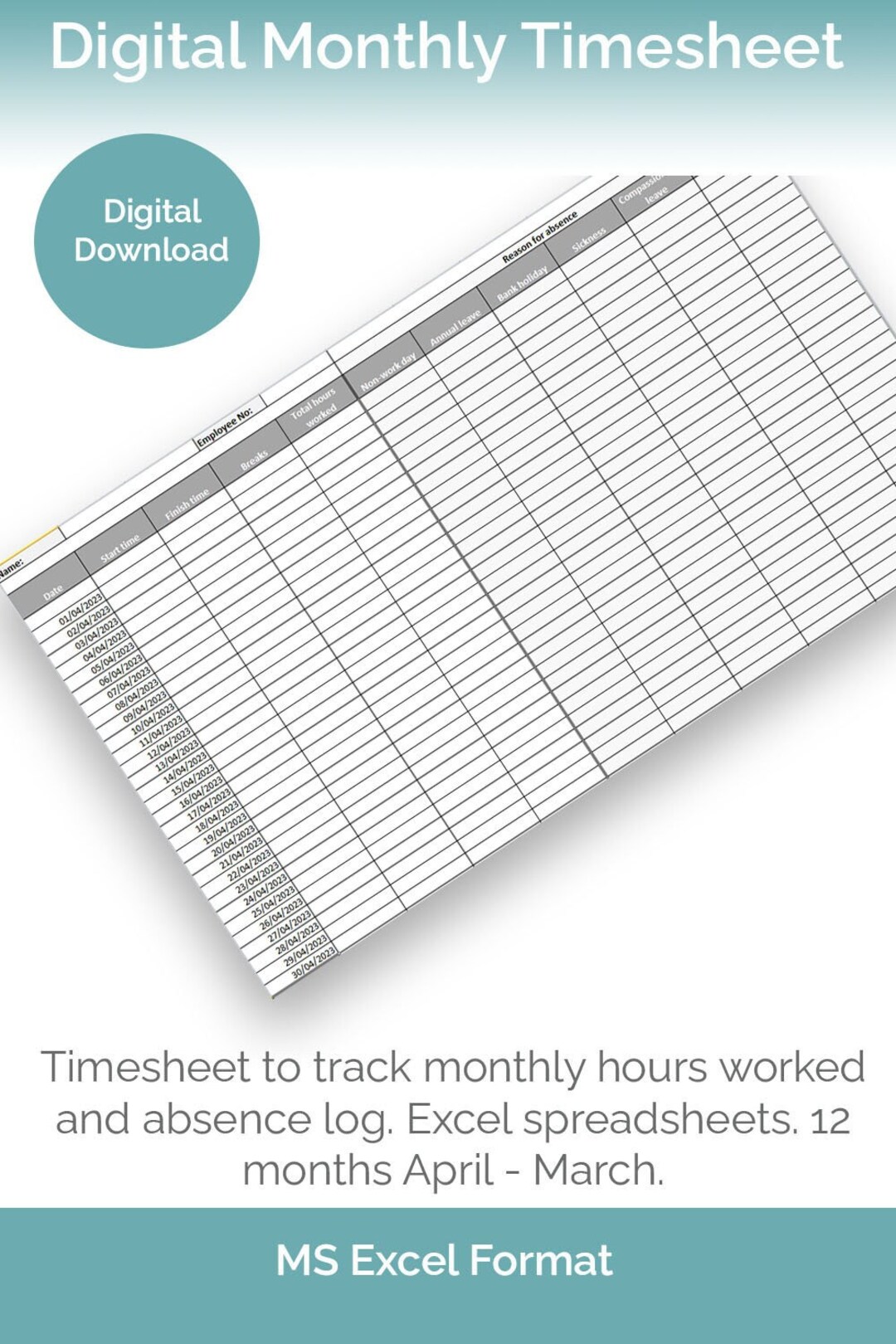 Time Sheet Template in MS Excel Format. Track Hours Worked and - Etsy