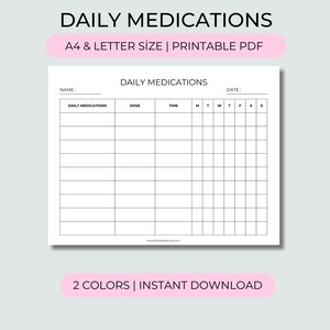 Printable Daily Medications Log, Daily Medications Tracker, Daily ...
