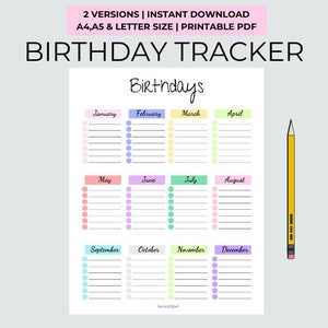 Birthday Tracker Printable Template, Birthday Reminder, Birthday ...