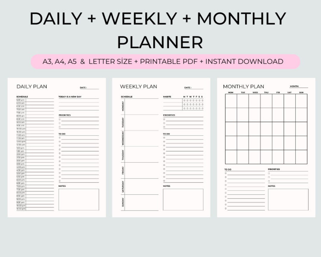 Daily Weekly Monthly Planner , Daily Template Printable, Instant ...
