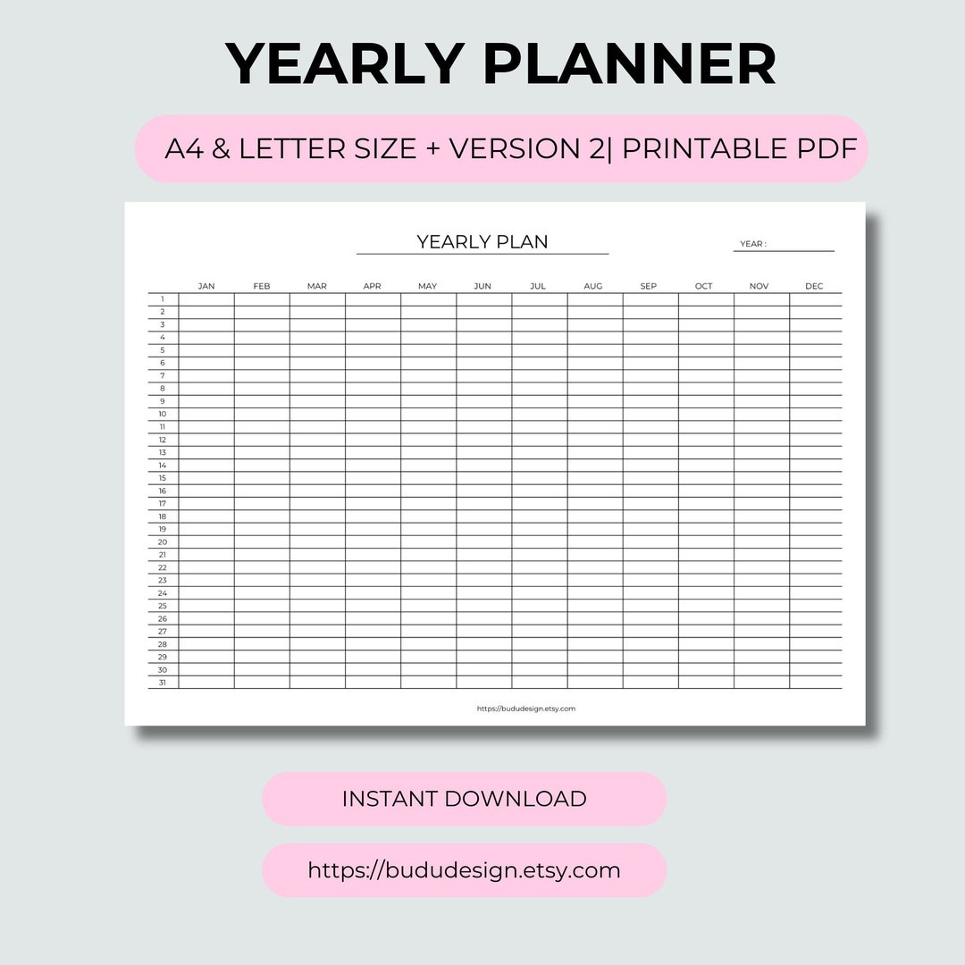 Yearly Planner on 1 Page Landscape, Year at a Glance, Yearly Plan ...