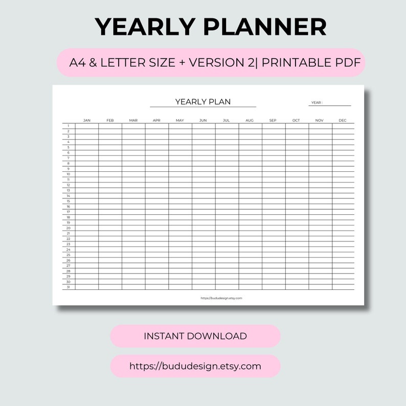 Yearly Planner on 1 Page Landscape, Year at a Glance, Yearly Plan ...