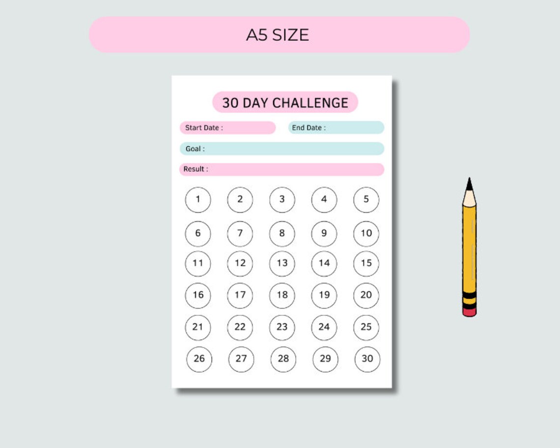 30 Day Challenge , 30 Day Tracker , Printable PDF - A4 , A5 , Letter ...