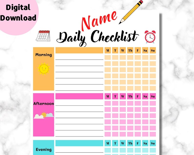 Kids Daily School Checklist Schedule Printable, Editable Chore Chart ...