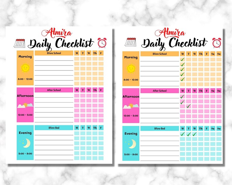 Kids Daily School Checklist Schedule Printable, Editable Chore Chart ...