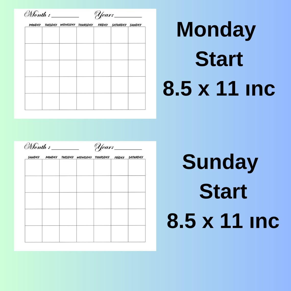 Blank Calendars Printable Balnk Calendar Monday Start and Sunday Start ...