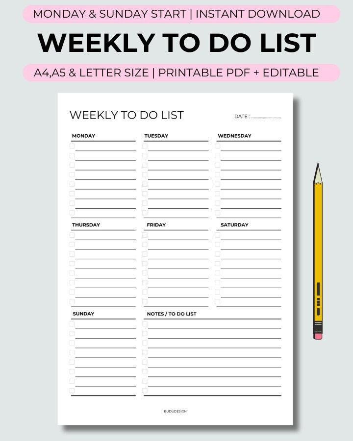 Weekly to Do List Planner Printable, Weekly Planner, Weekly Task List ...