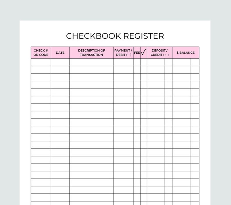Printable Checkbook Register, Checkbook Balance Log, Checkbook ...