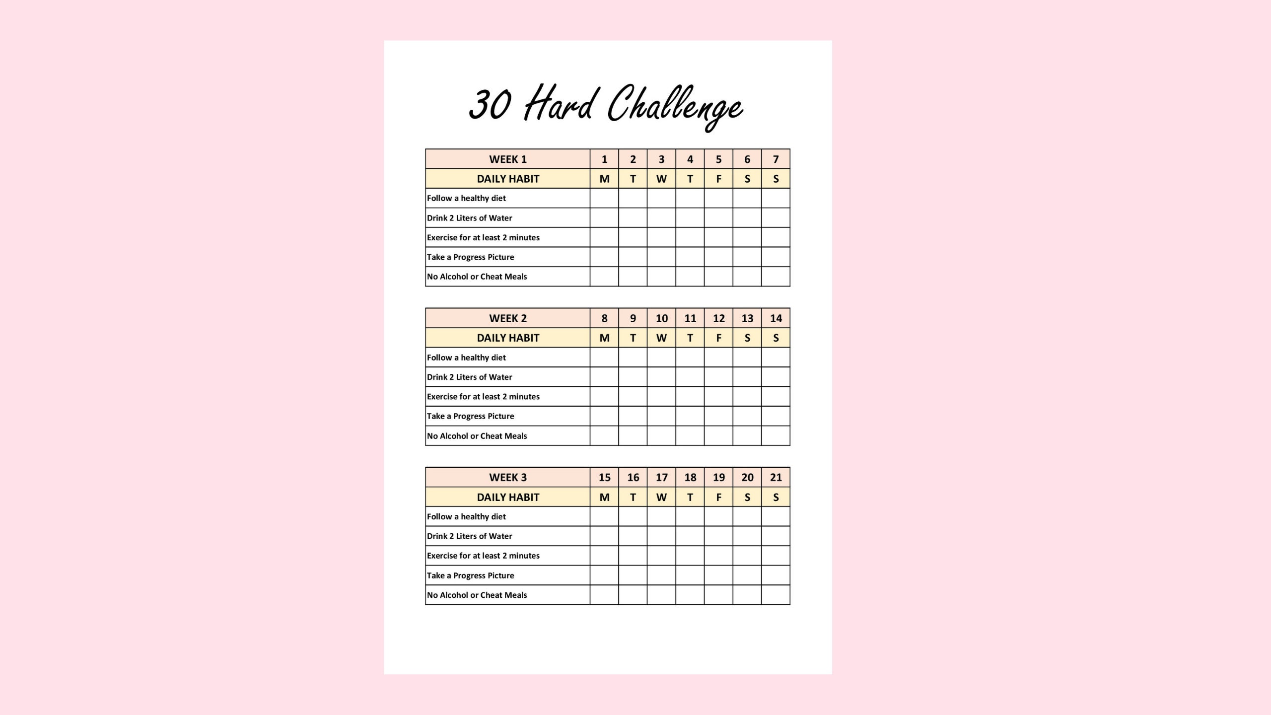 30 Hard Challenge Tracker - 30 Day Challenge Printable - Weight Loss ...