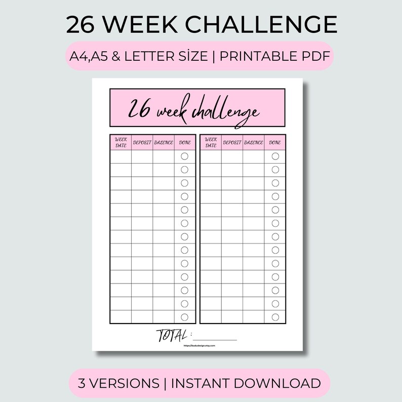 26 Week Savings Challenge , 26 Week Challenge Template, Savings Tracker ...