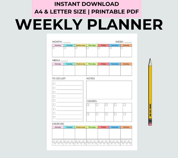 Printable Weekly Planner, to Do List, Chore Chart Printable, Exercise ...