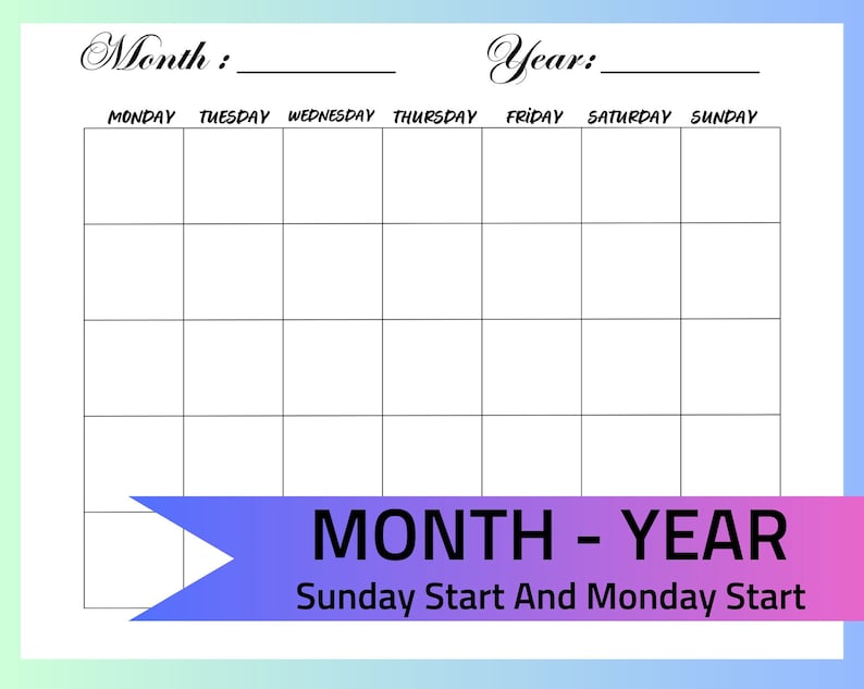 Blank Calendars Printable Balnk Calendar Monday Start and Sunday Start ...