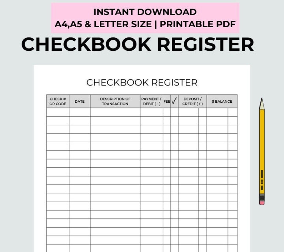 Printable Checkbook Register, Checkbook Balance Log, Checkbook ...