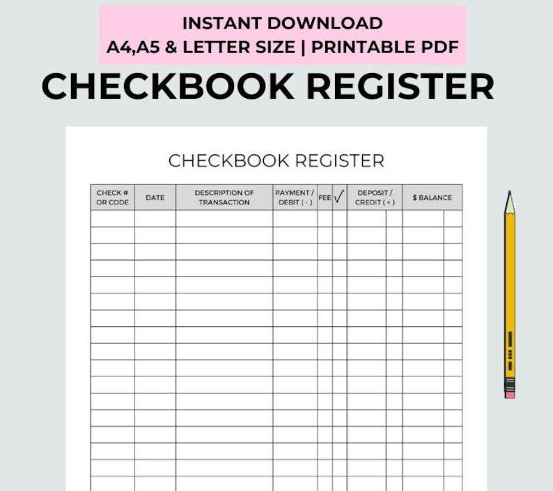 Printable Checkbook Register, Checkbook Balance Log, Checkbook ...