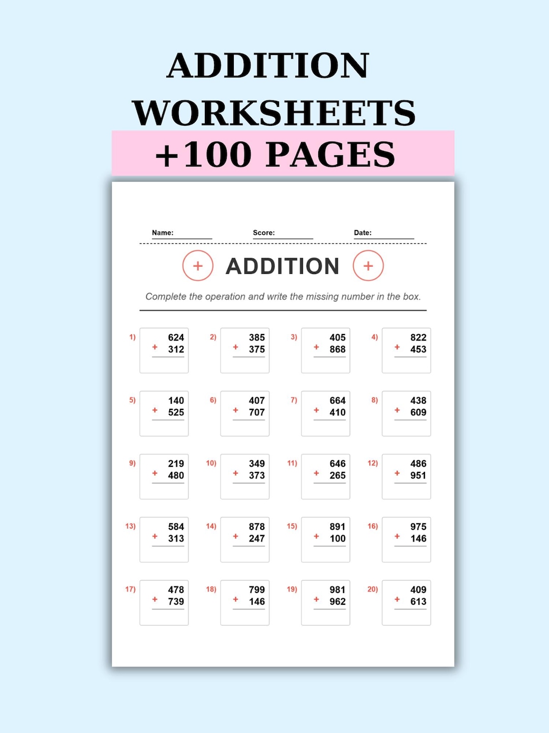 100 Addition Worksheets, 3 Digit Addition Practice, 200 Pages PDF ...
