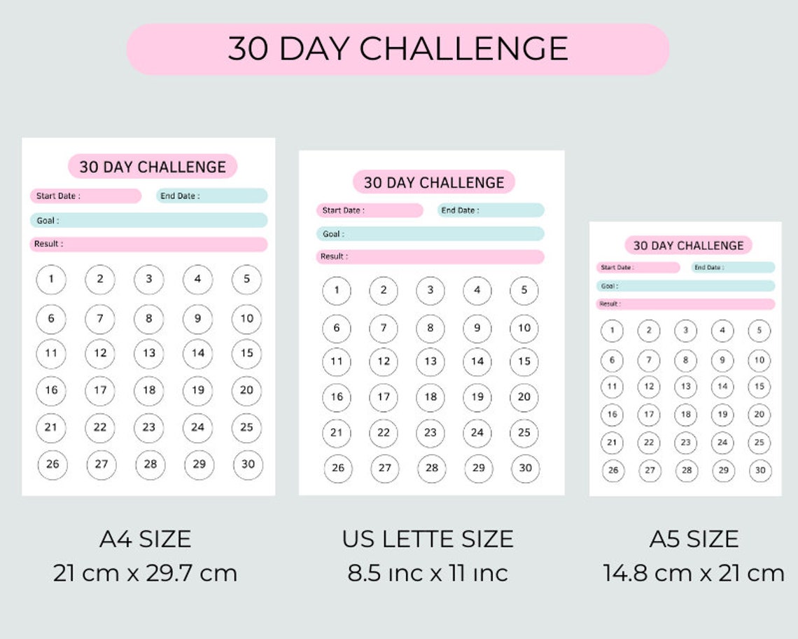 30 Day Challenge , 30 Day Tracker , Printable PDF - A4 , A5 , Letter ...