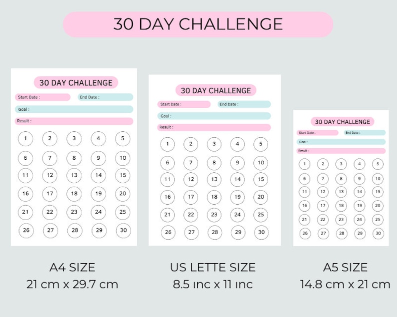 30 Day Challenge , 30 Day Tracker , Printable PDF - A4 , A5 , Letter ...
