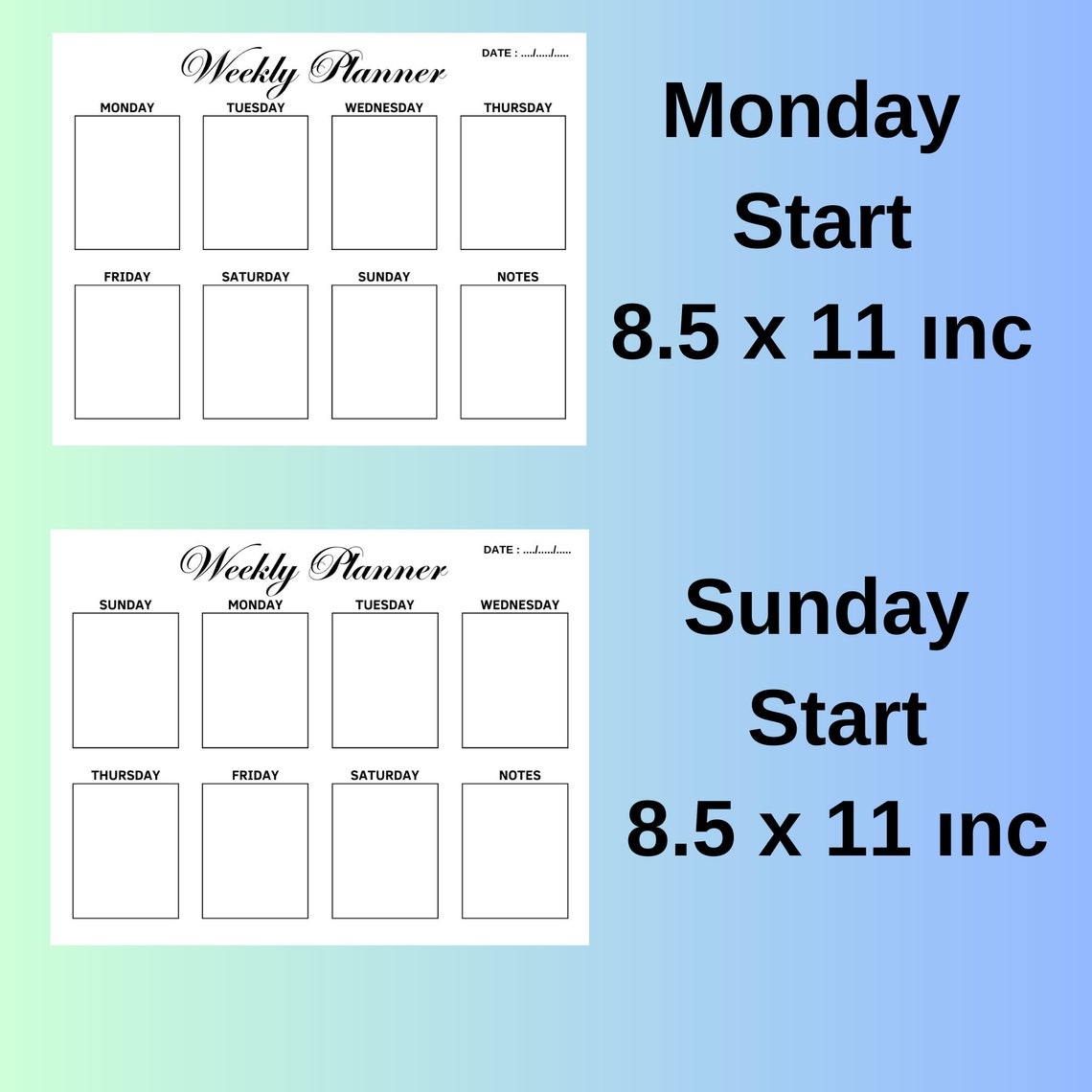 Weekly Blank Calender, Planner Printable Landscape, Minimalist Weekly ...