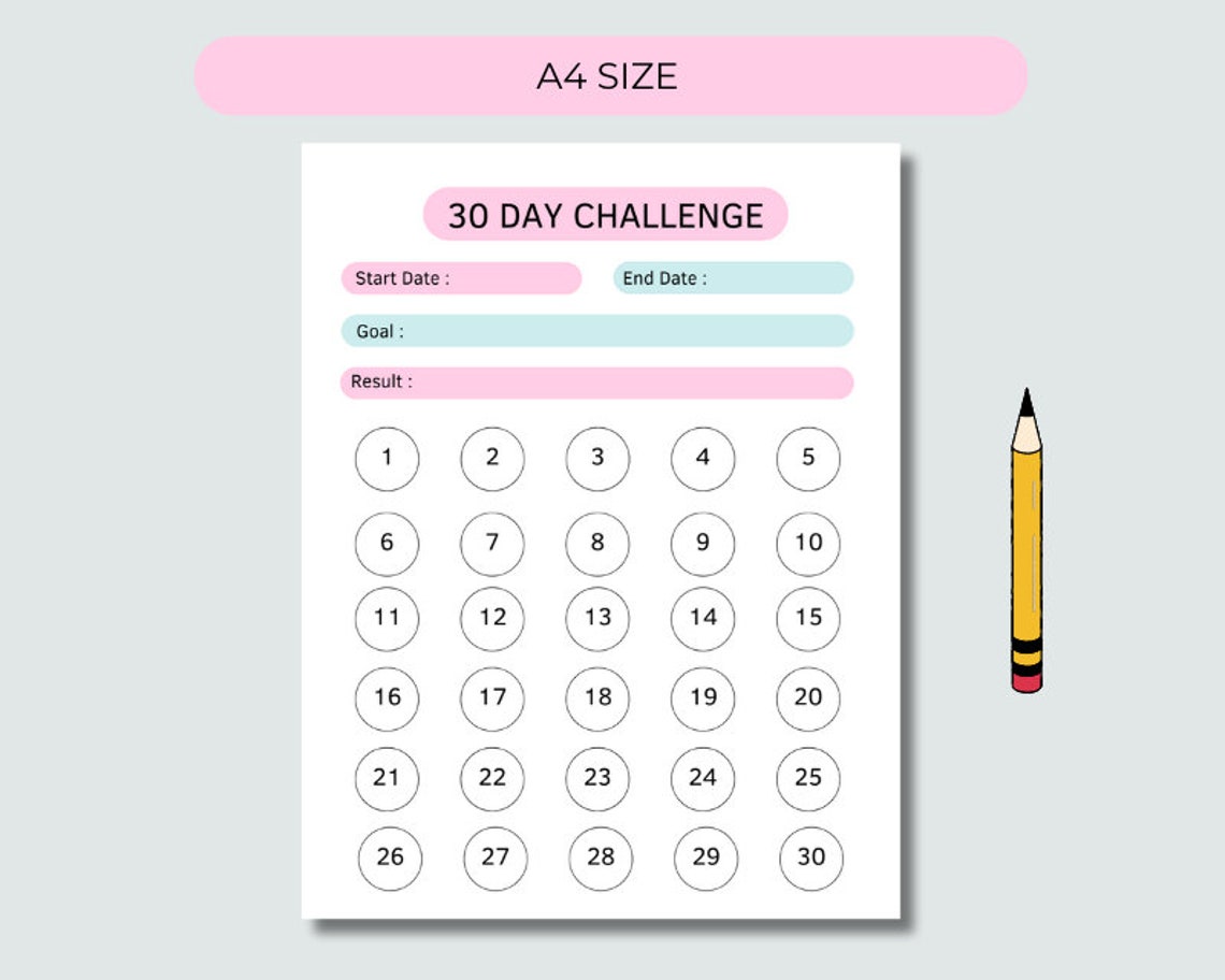 30 Day Challenge , 30 Day Tracker , Printable PDF - A4 , A5 , Letter ...