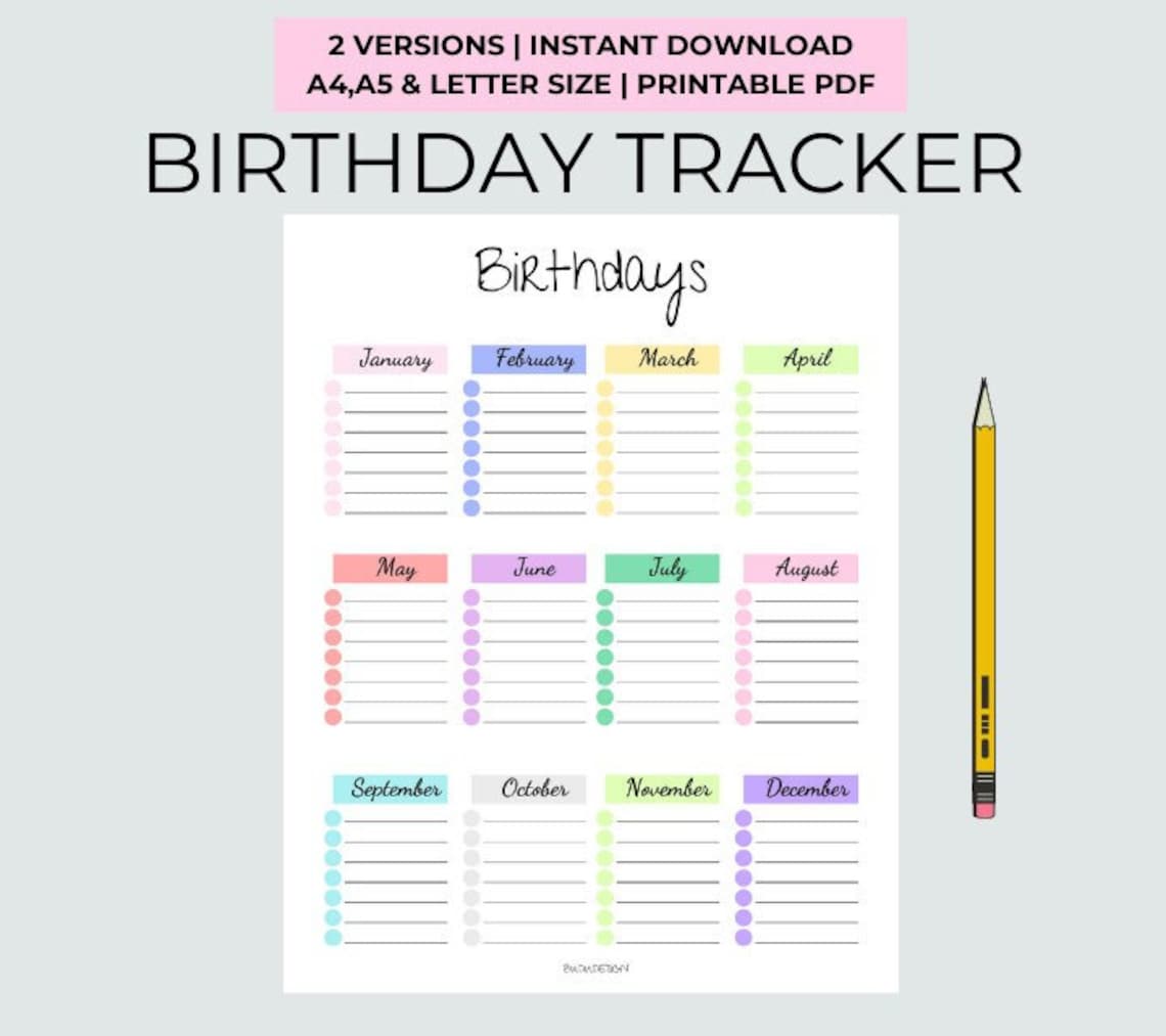 Birthday Tracker Printable Template, Birthday Reminder, Birthday ...