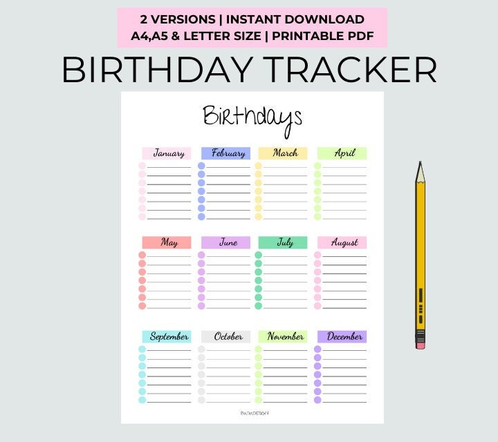 Birthday Tracker Printable Template, Birthday Reminder, Birthday ...