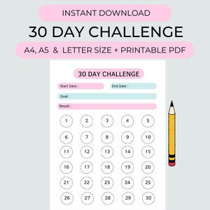 30 Day Challenge , 30 Day Tracker , Printable PDF - A4 , A5 , Letter ...