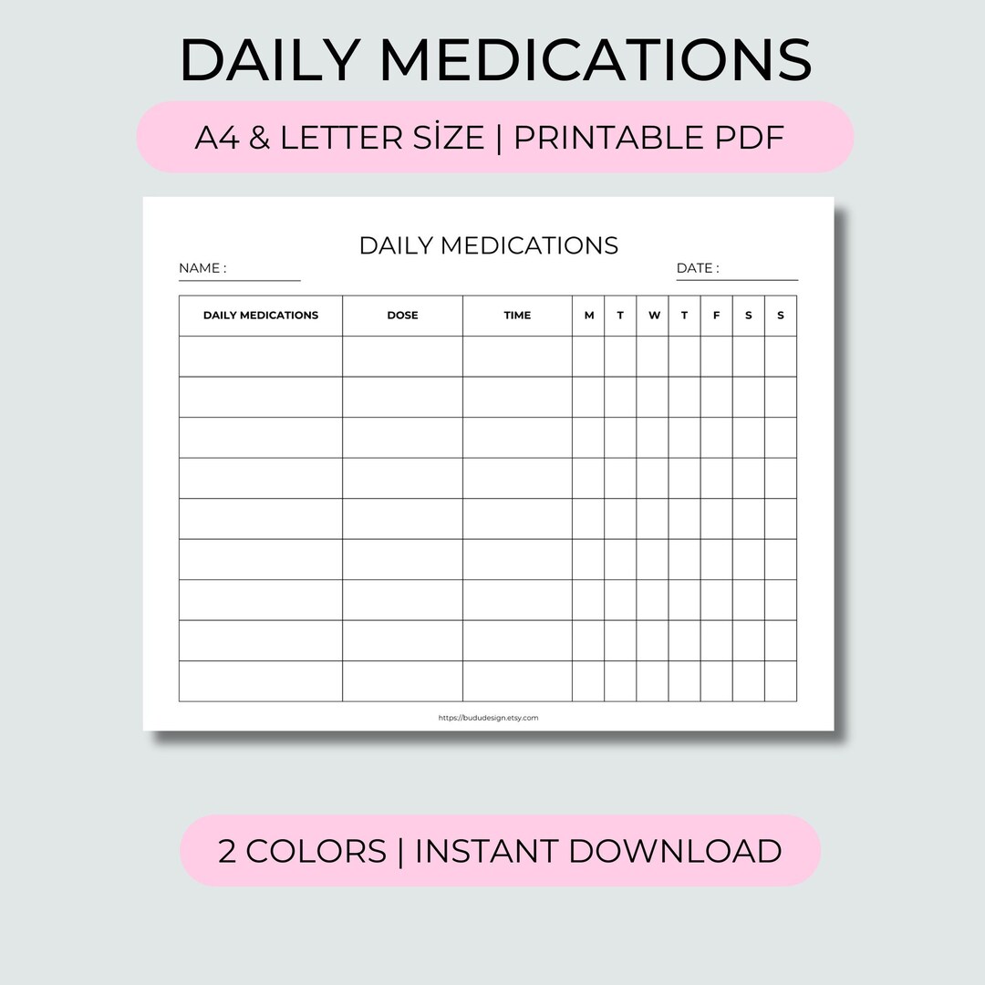 Printable Daily Medications Log, Daily Medications Tracker, Daily ...