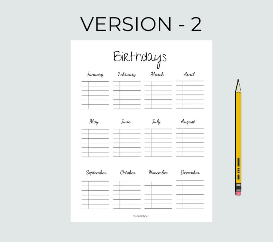 Birthday Tracker Printable Template, Birthday Reminder, Birthday ...