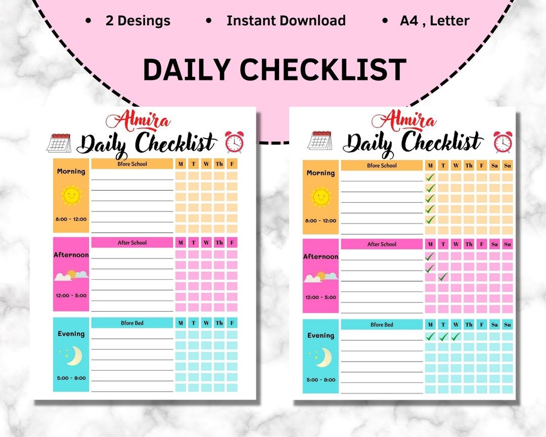 Kids Daily School Checklist Schedule Printable, Editable Chore Chart ...