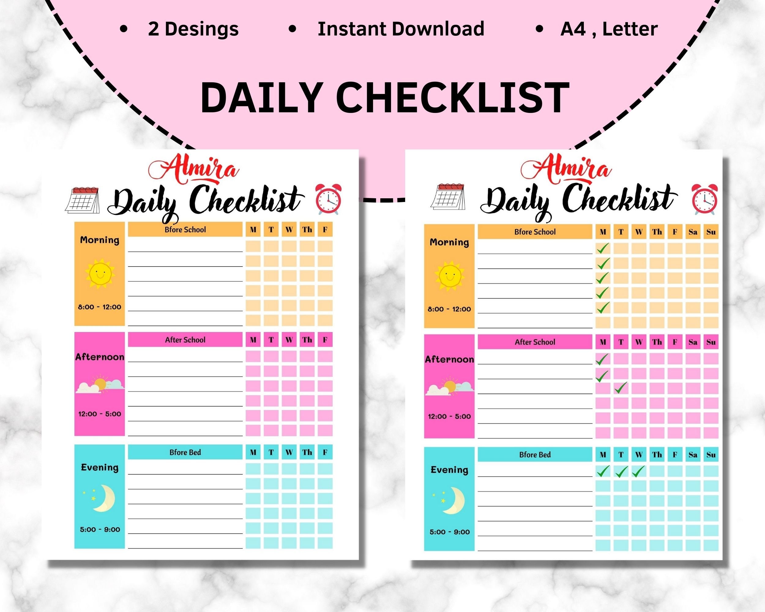Kids Daily School Checklist Schedule Printable, Editable Chore Chart ...