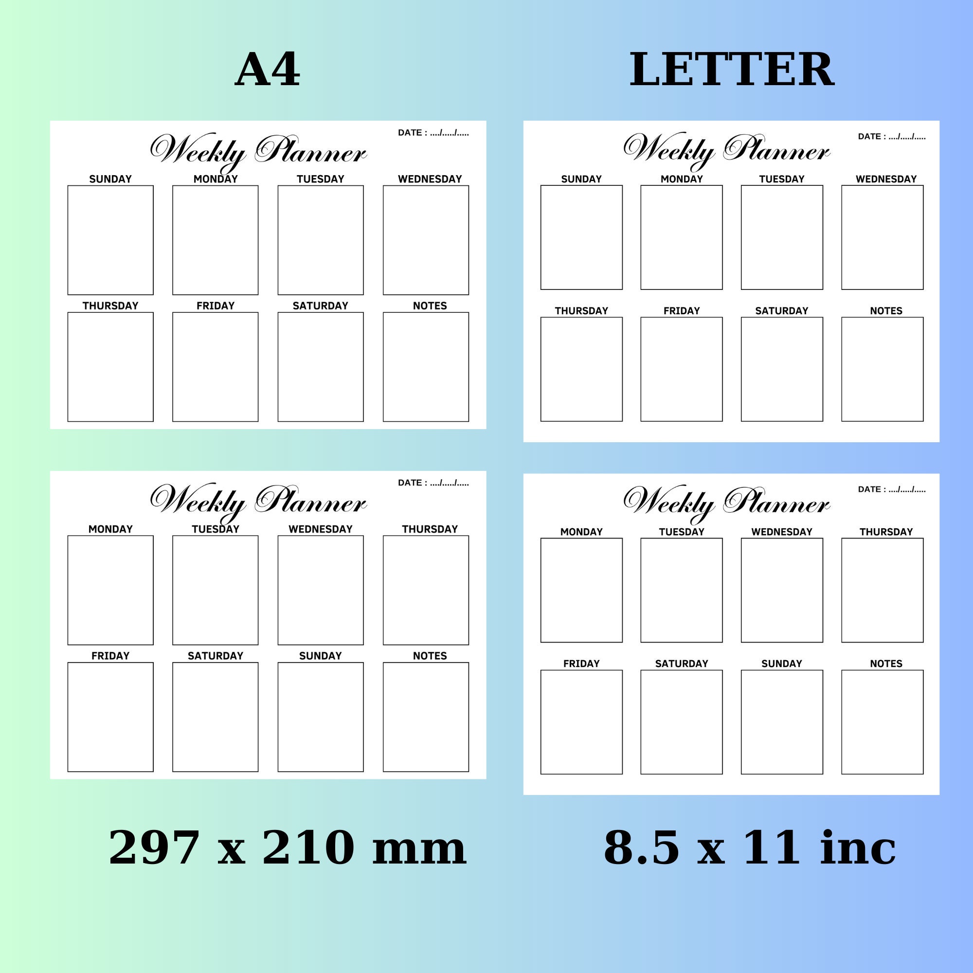 Weekly Blank Calender, Planner Printable Landscape, Minimalist Weekly ...