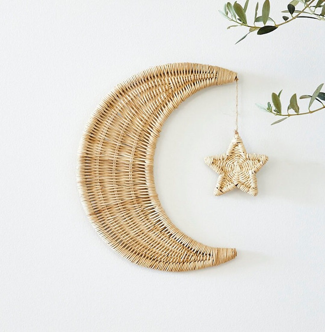 Rattan Moon Wall Decor With Hanging Star -- Boho Moon Wall Art Décor ...