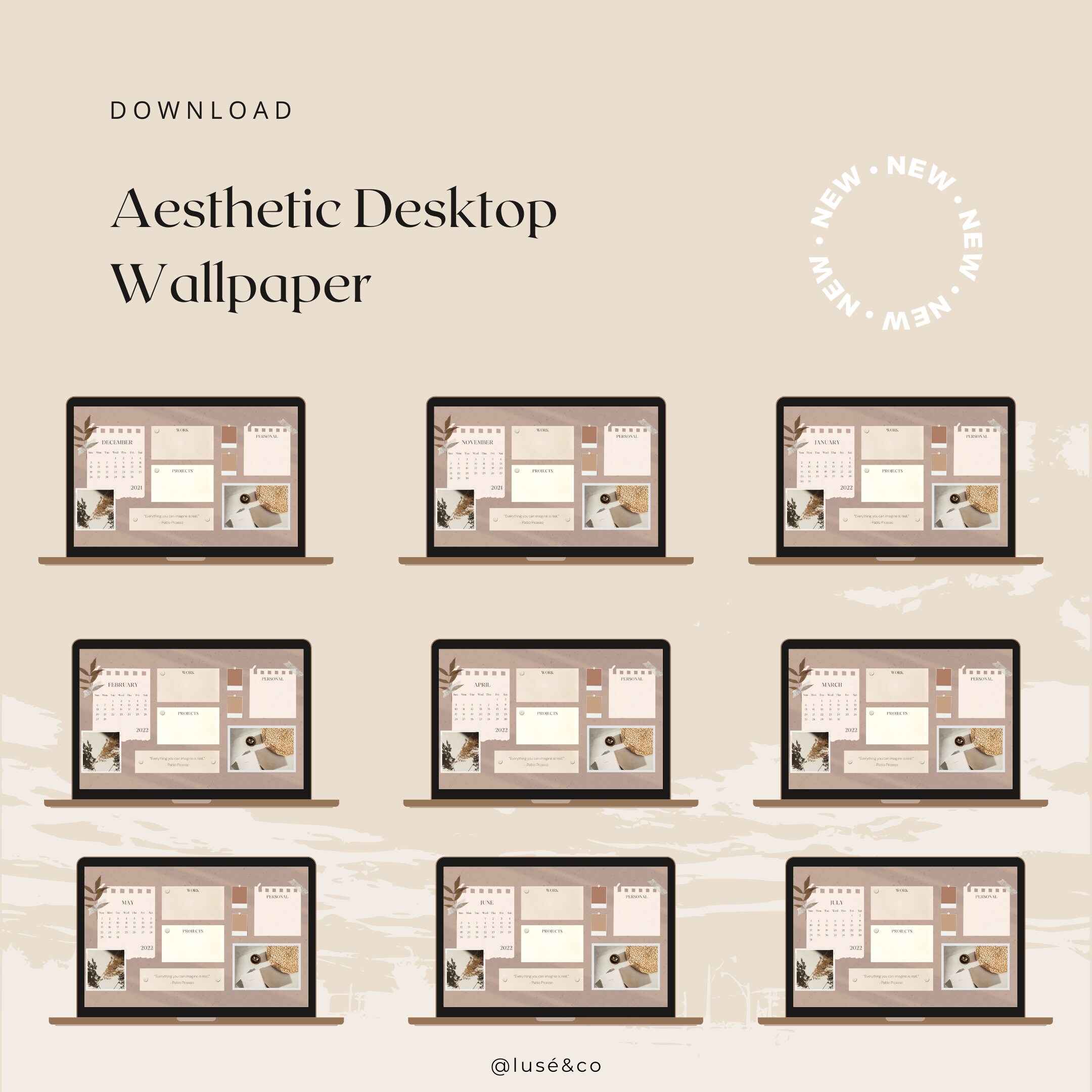 Desktop Organizer Wallpaper Calendar 2023, 32 Boho Minimalist, Small ...