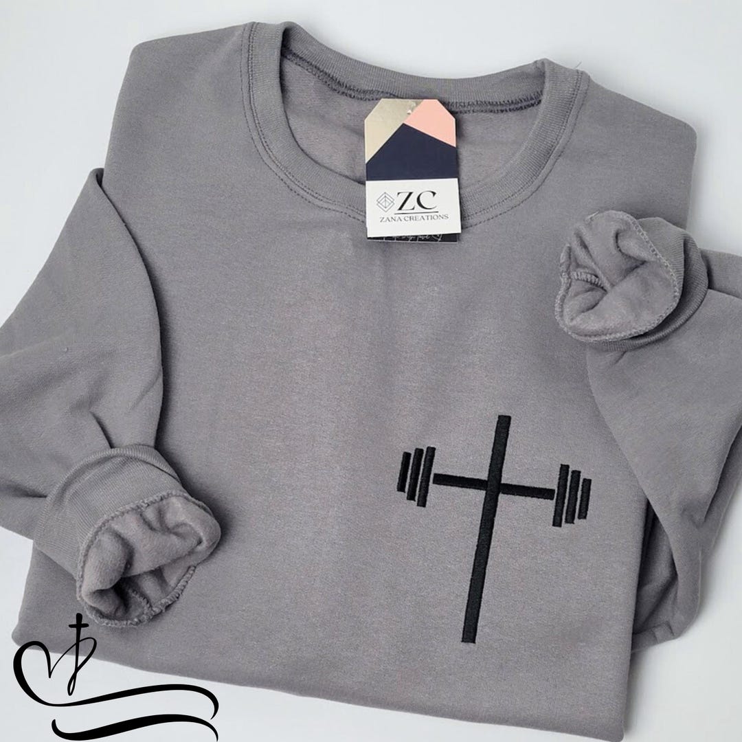 Christian Barbell Holy Cross Embroidered Sweatshirt: Faith & Fitness ...