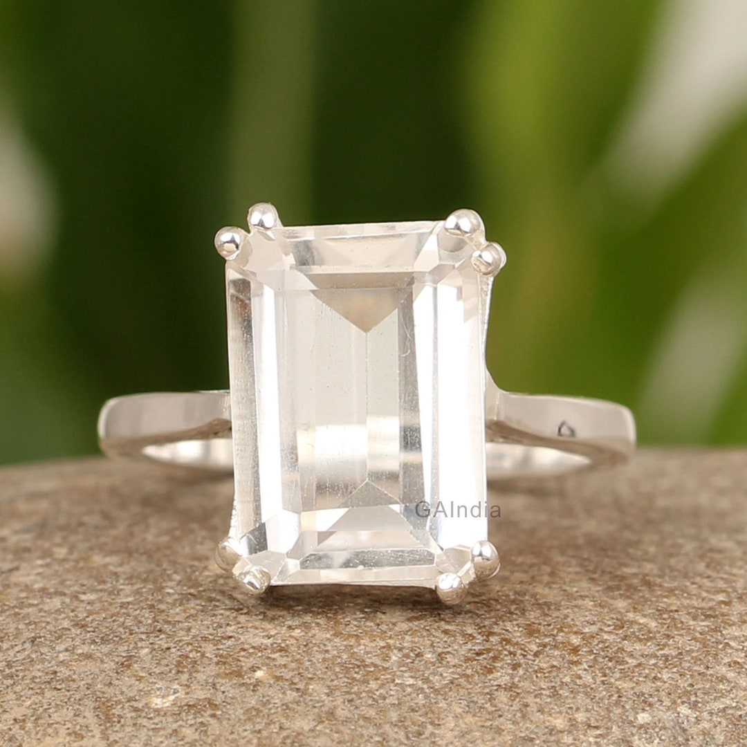 Natural Crysta Quartz Ring, Double Claw Prong Setting Ring, 925 ...
