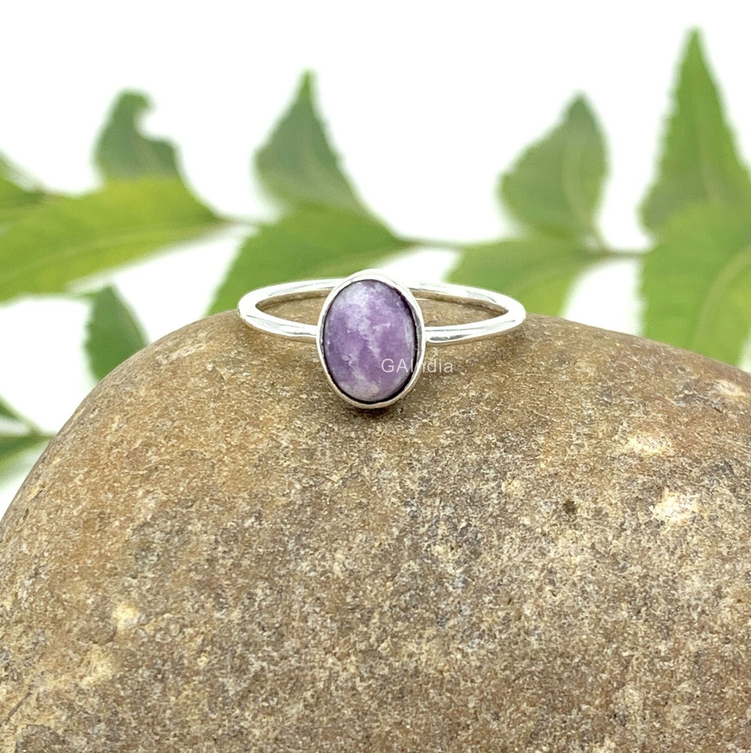 Purple Lepidolite Ring, 925 Silver Rings, 6x8mm Oval Lepidolite Ring ...
