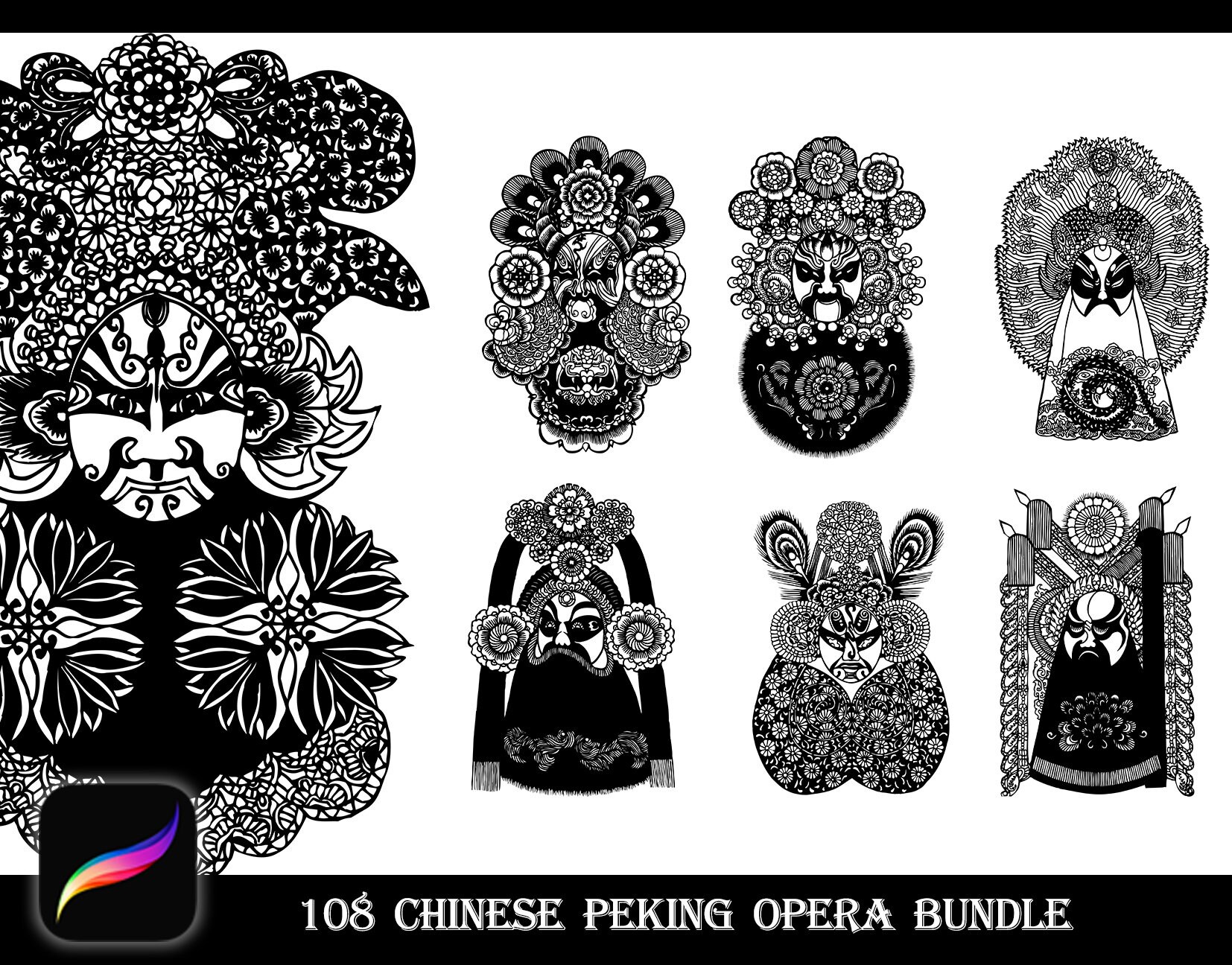 108 Chinese Peking Opera Tattoo Design Bundle Brush Stamps Bundle for ...