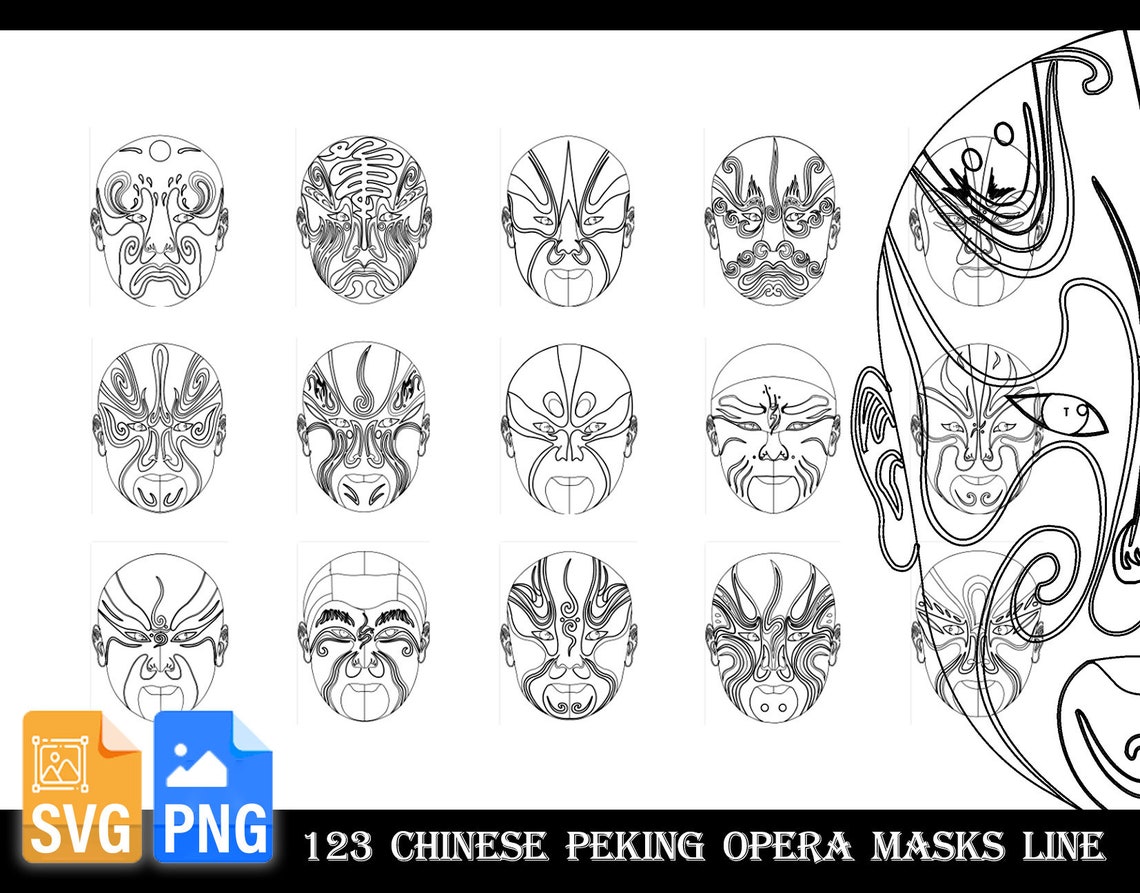 123 Chinese Peking Opera Masks Lines Tattoo Design SVG PNG - Etsy