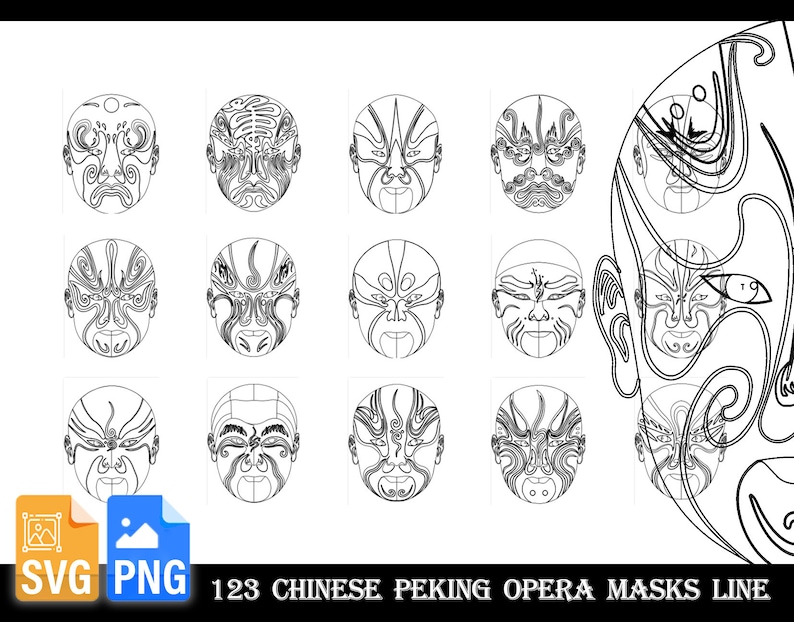 123 Chinese Peking Opera Masks Lines Tattoo Design | SVG |PNG| - Etsy