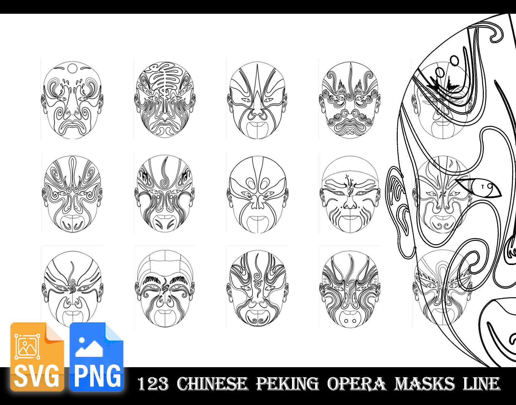 123 Chinese Peking Opera Masks Lines Tattoo Design | SVG |PNG| - Etsy
