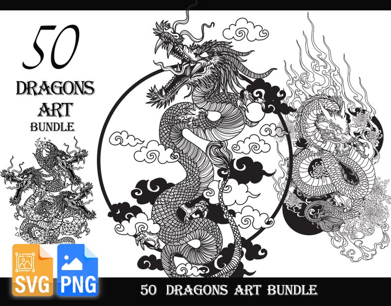 50 Dragon Art Tattoo Design Bundle |PNG | SVG |traditional Chinese| - Etsy