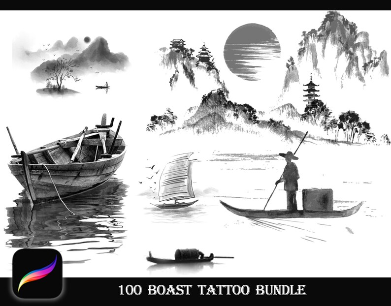 100 Ink Boat Tattoo Design | Brush Stamps Bundle for Procreate | - Etsy