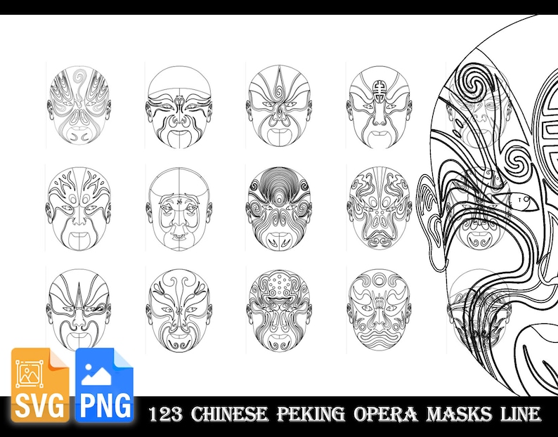 123 Chinese Peking Opera Masks Lines Tattoo Design | SVG |PNG| - Etsy