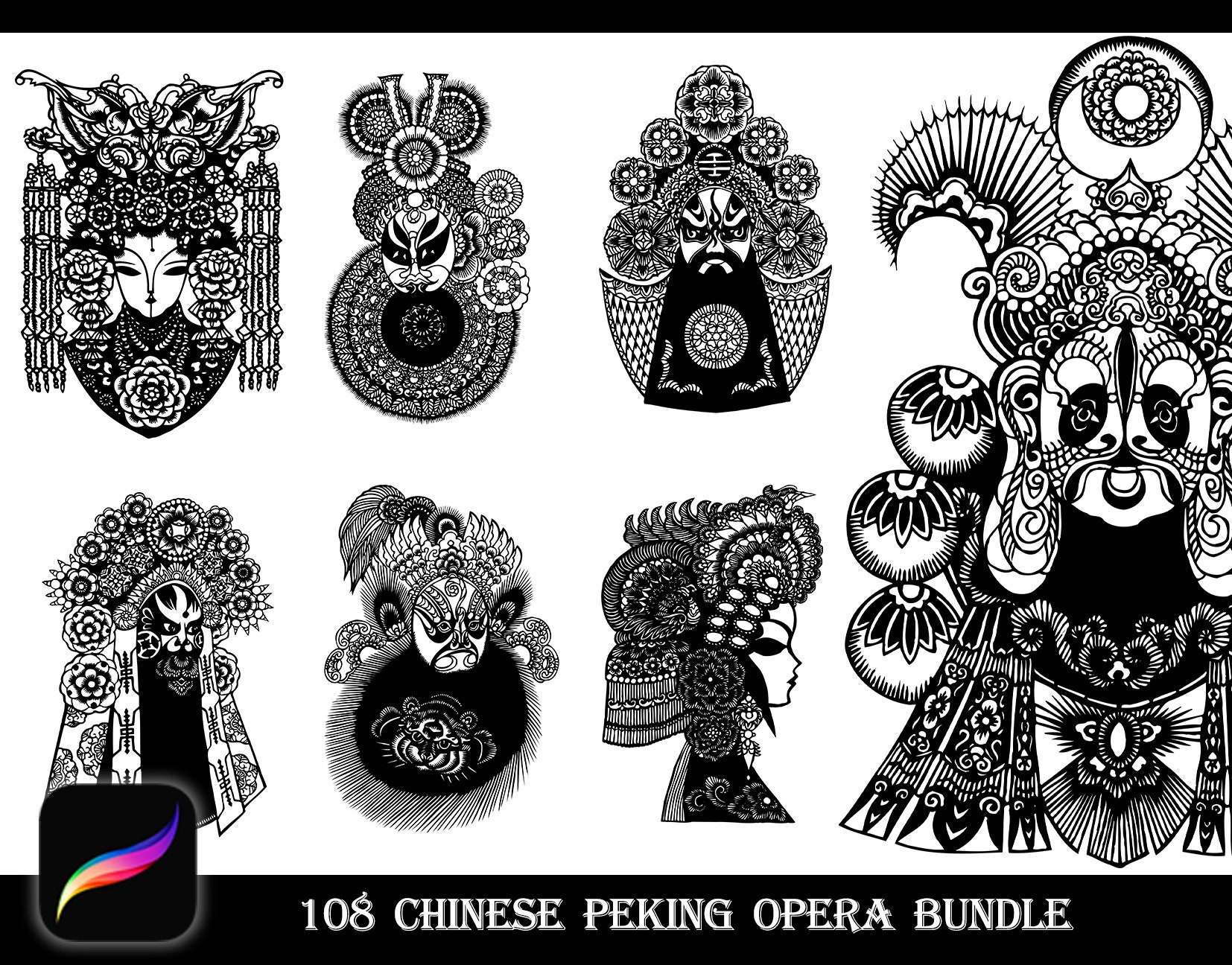 108 Chinese Peking Opera Tattoo Design Bundle Brush Stamps Bundle for ...