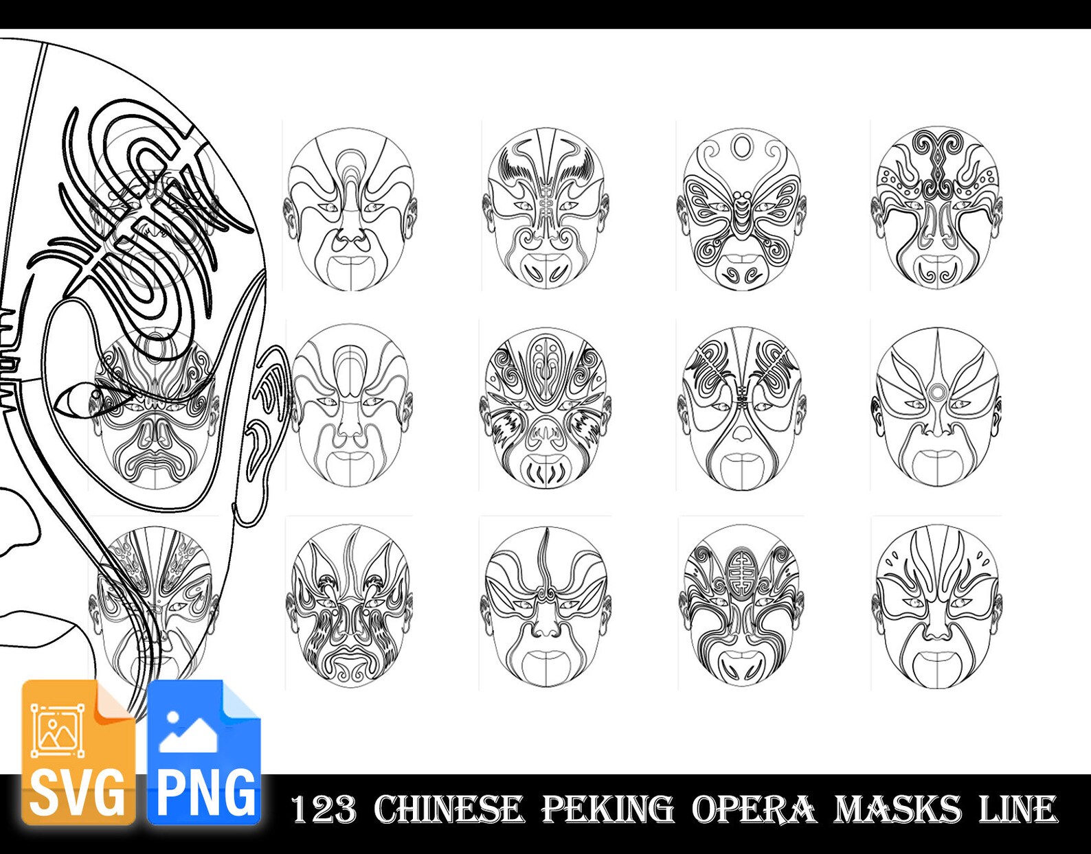 123 Chinese Peking Opera Masks Lines Tattoo Design SVG PNG - Etsy