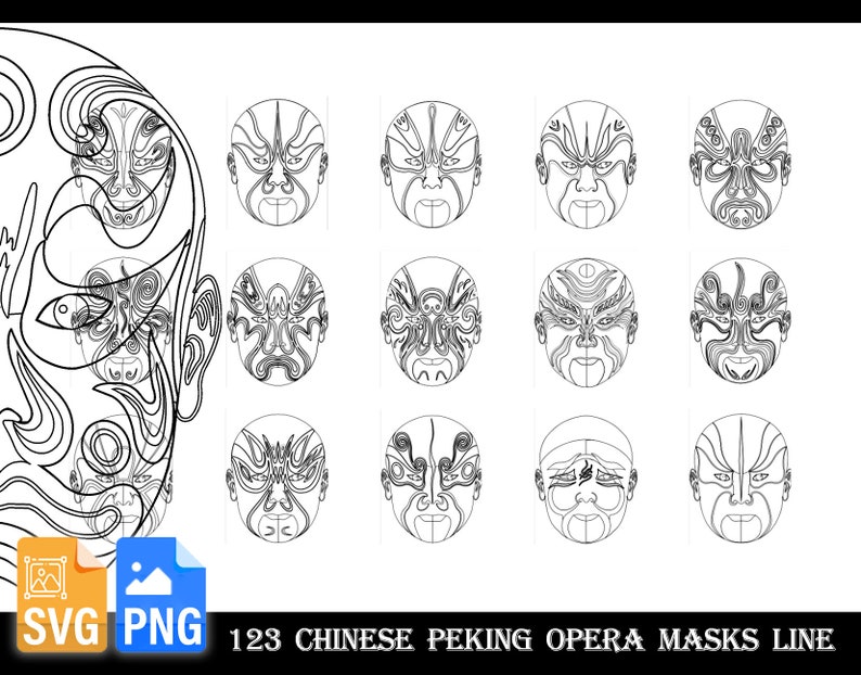 123 Chinese Peking Opera Masks Lines Tattoo Design | SVG |PNG| - Etsy