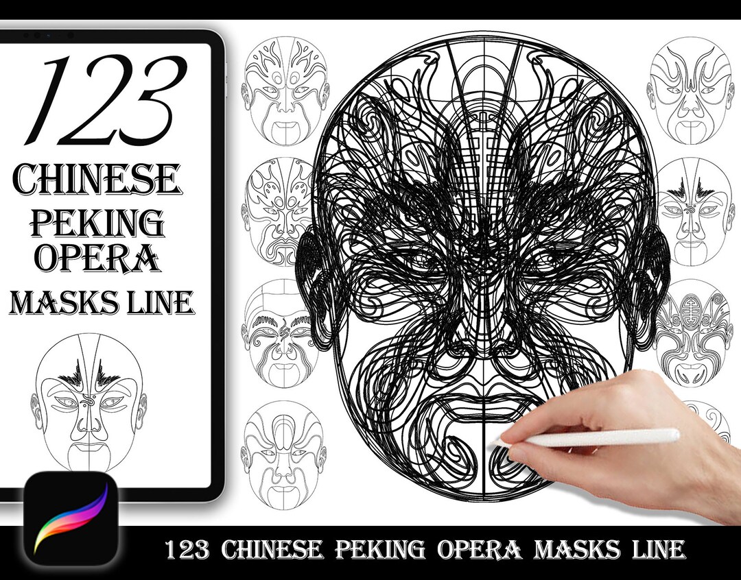 123 Chinese Peking Opera Masks Lines Tattoo Design| Brush Stamps Bundle ...
