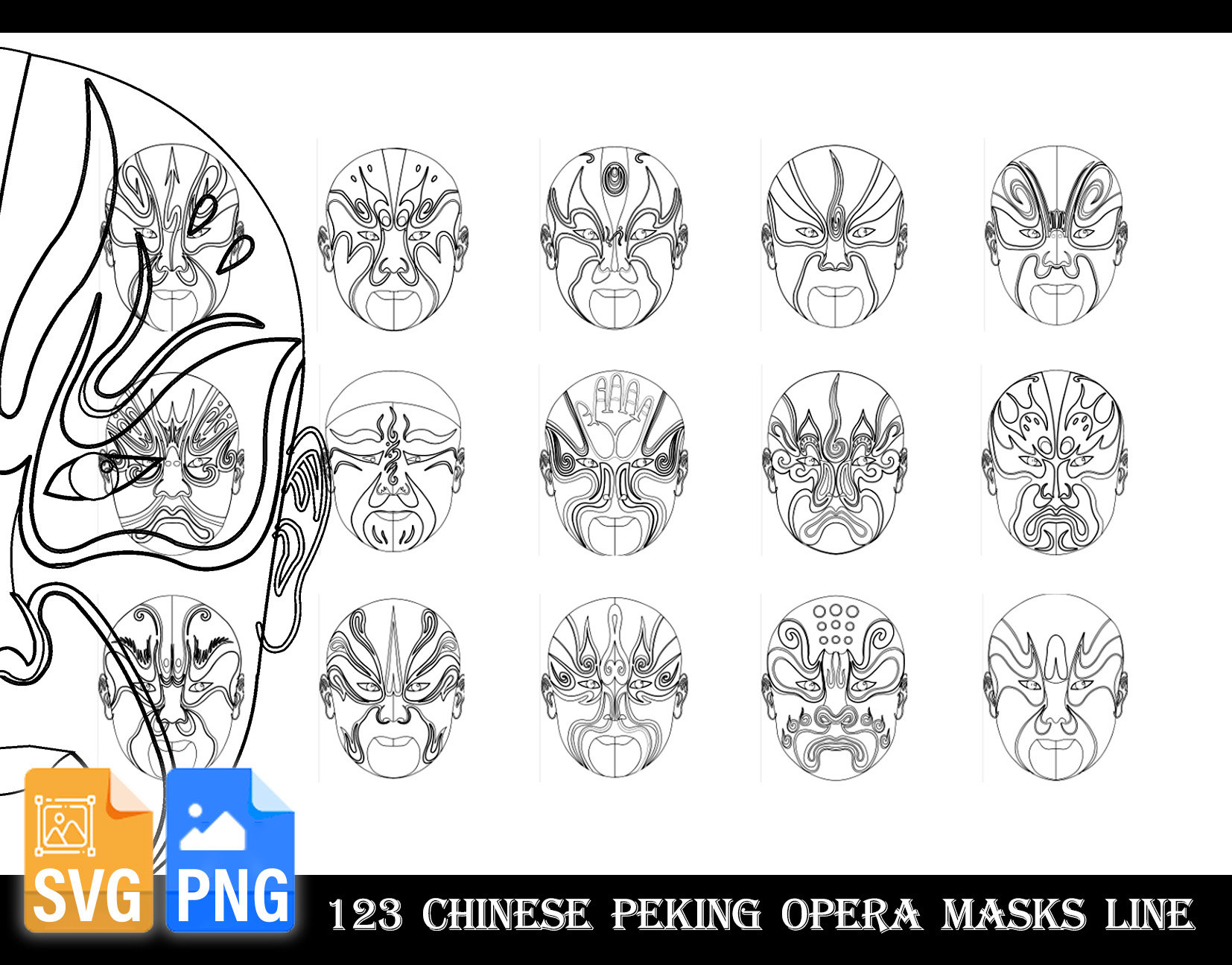 123 Chinese Peking Opera Masks Lines Tattoo Design | SVG |PNG| - Etsy