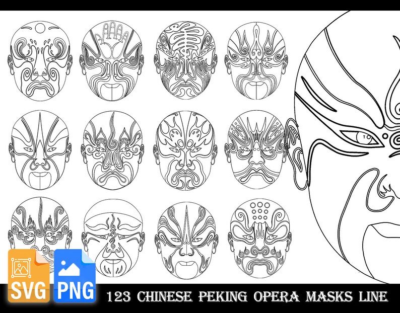 123 Chinese Peking Opera Masks Lines Tattoo Design | SVG |PNG| - Etsy