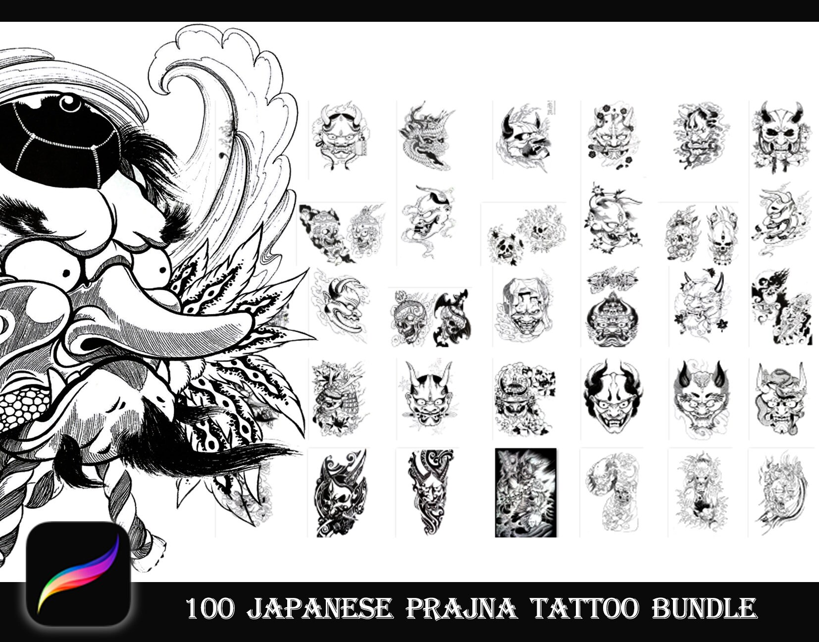 100 Japan Prajna Tattoo Design | Brush Stamps Bundle for Procreate | - Etsy